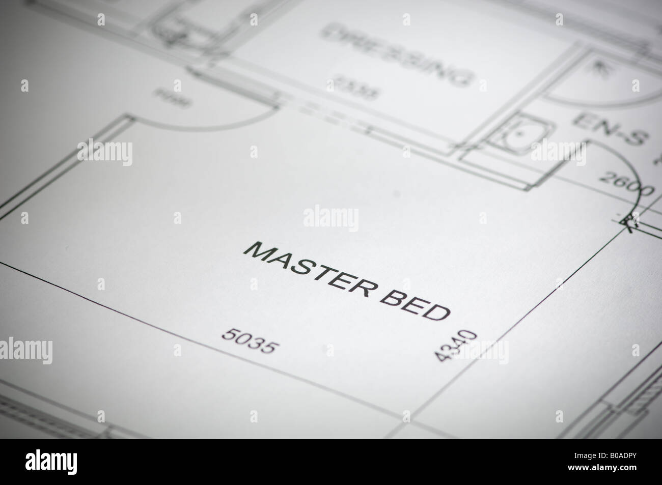 Closeup of a scaled drawing for master bedroom on an architectural ...