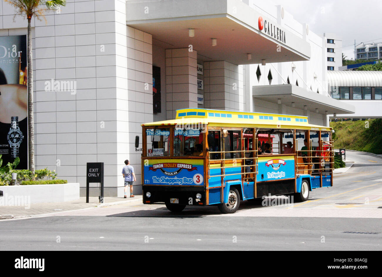 Colorful trolley bus outside Galleria shopping Mall in Tumon on Guam ...
