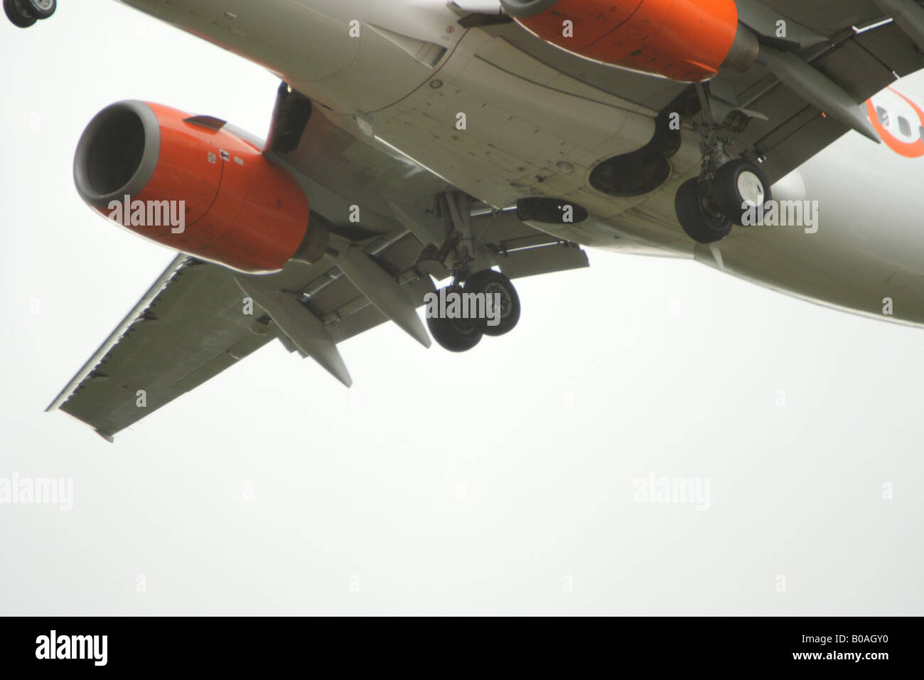 Close up of the undercarriage of airplane on final approach to landing ...