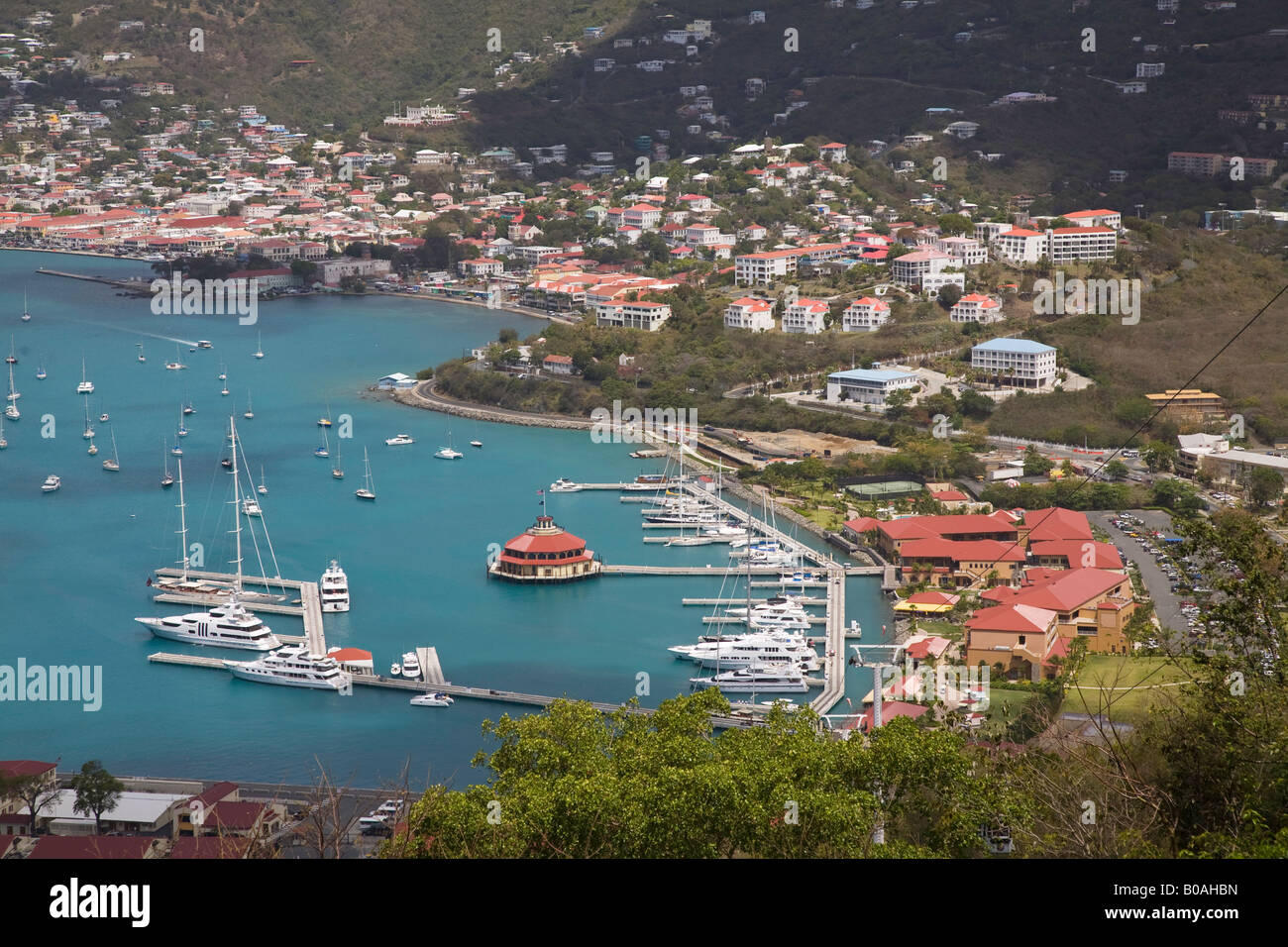 Areal view of the blue waters of the harbor of Paradise Point in St ...