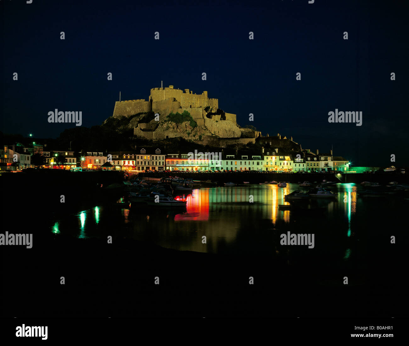 Mont Orgueil Castle and Gorey Harbour, Jersey, Channel Islands Stock ...