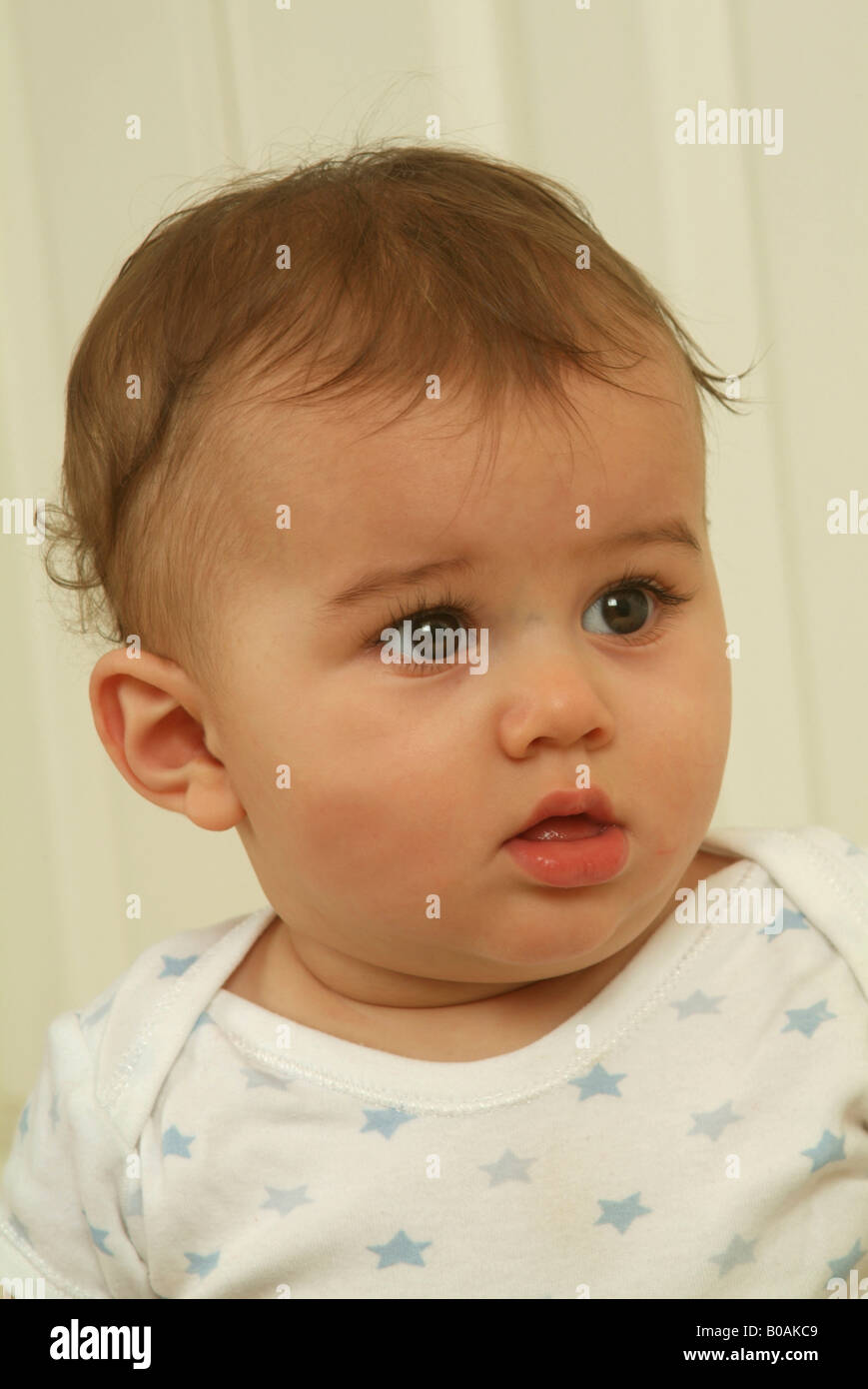 A headshot picture of an eight month old baby boy against a white ...