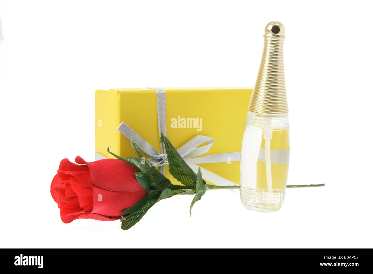 Perfume Bottle and Red Rose with Gift Box Stock Photo - Alamy