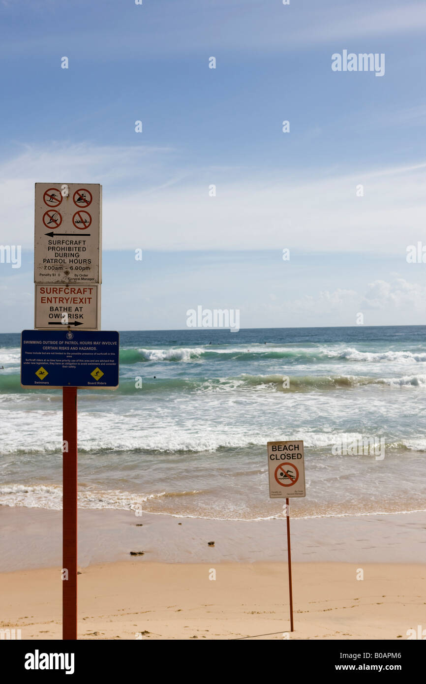 Warning sign Beach closed and surf craft entry and exit Manly Sydney ...