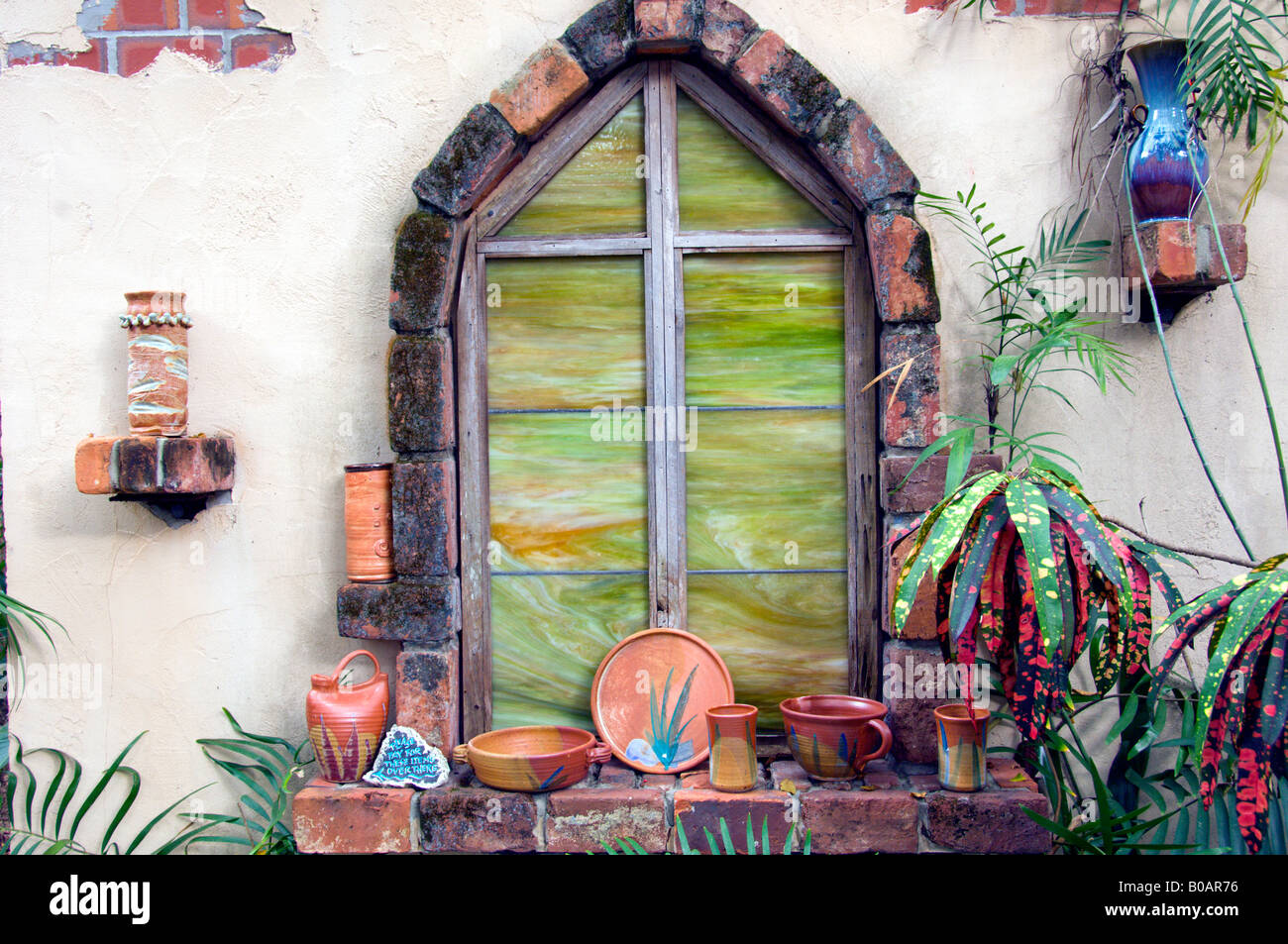 Decorative tropical foliage and window in the Florida Keys USA Stock ...