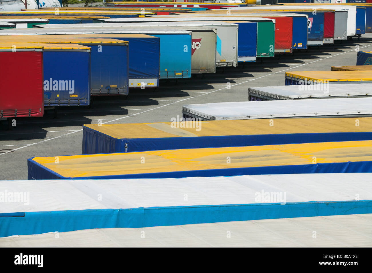 Trailers at the car park of the harbour in Kiel, Germany Stock Photo ...