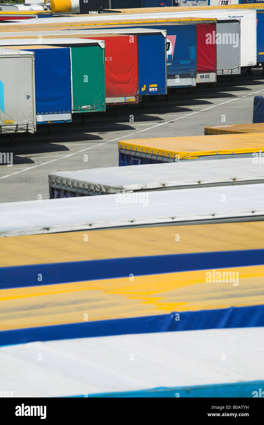 Trailers at the car park of the harbour in Kiel, Germany Stock Photo ...