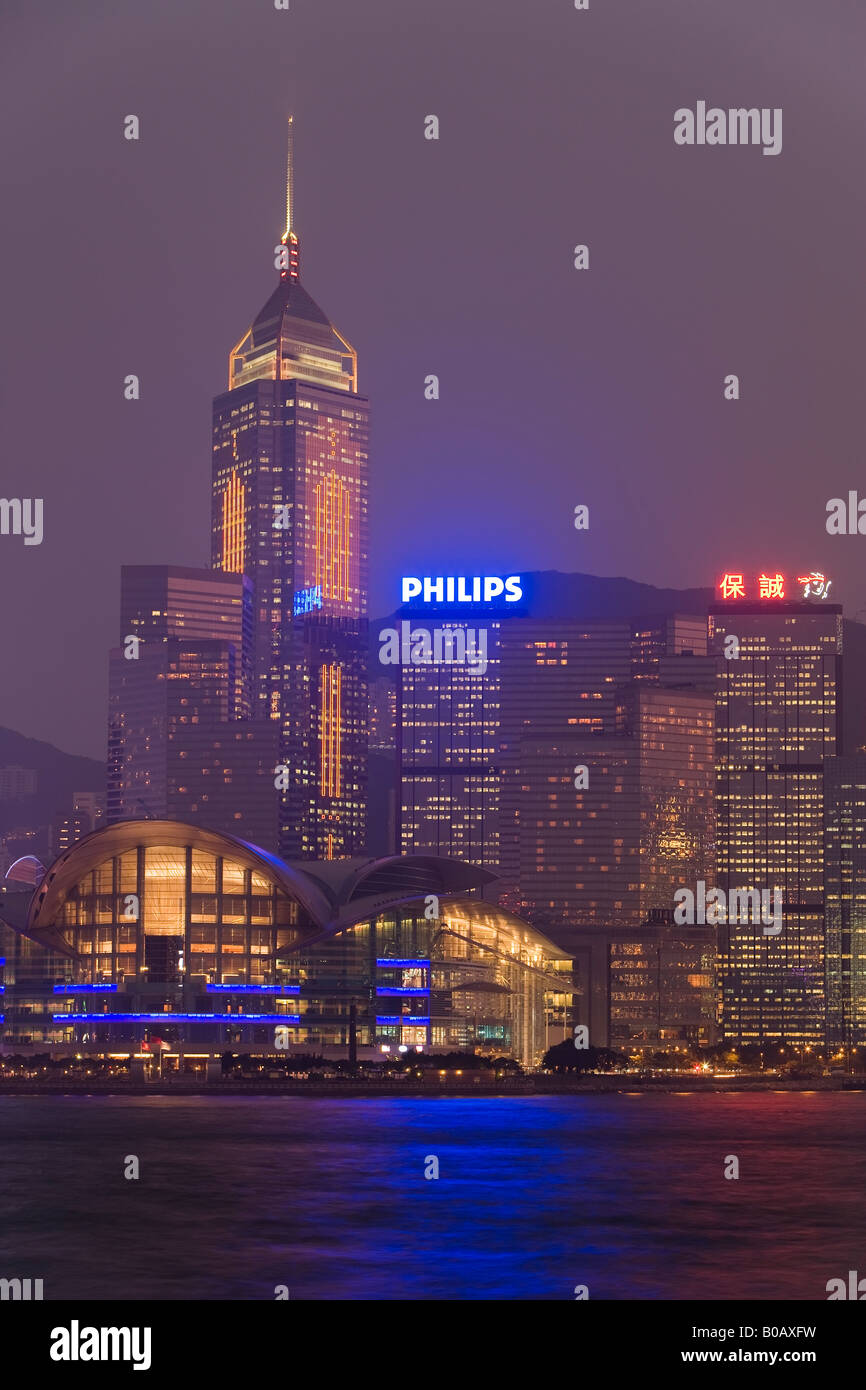 Asia, China, Hong Kong, Victoria Harbour, Night view of highrise ...