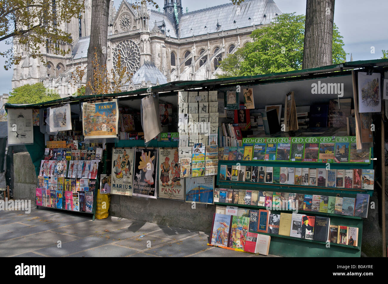 Bouquinistes or book stalls along the River Seine in Paris near Notre ...