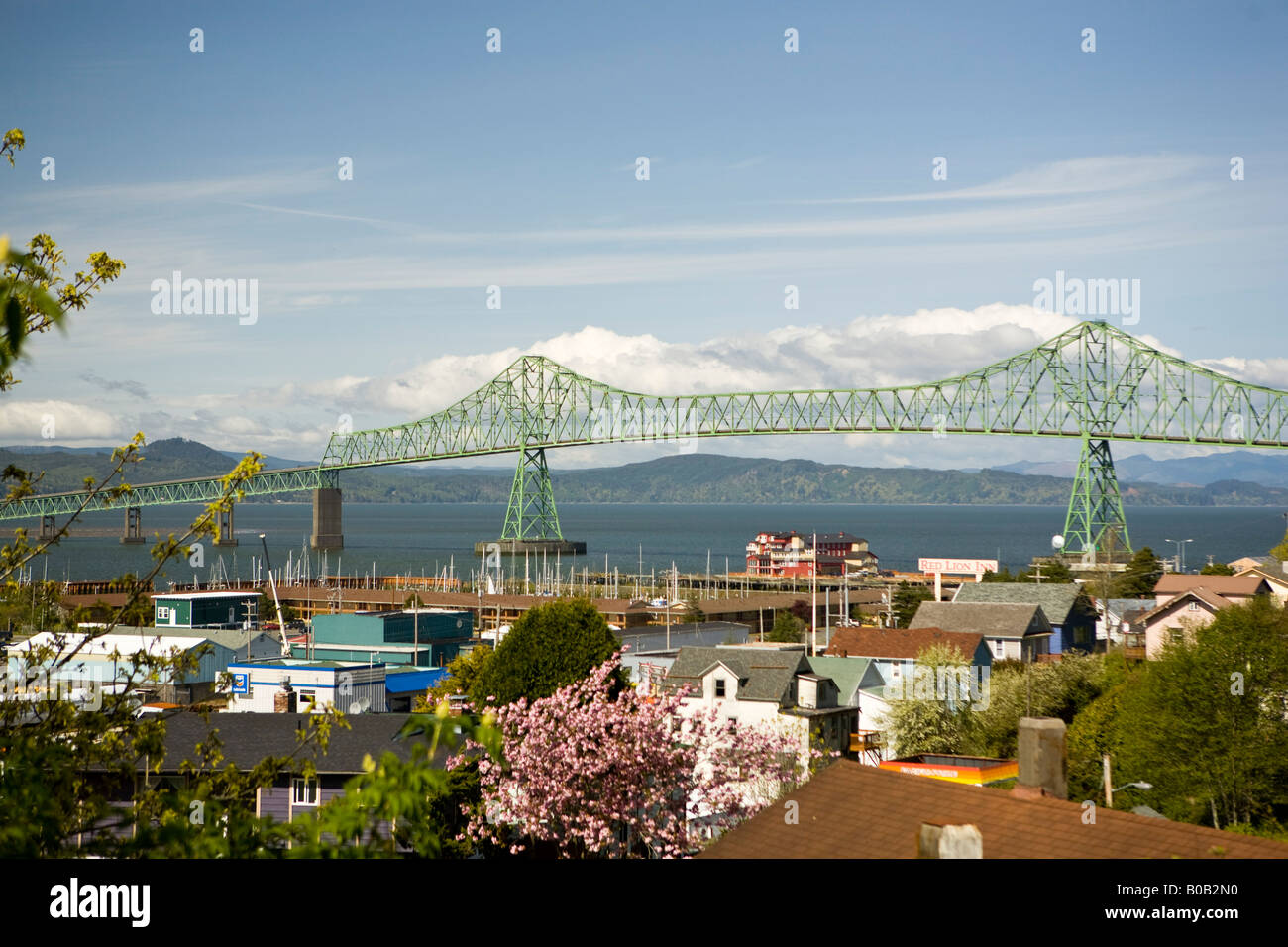 View of marina and historic Astoria Bridge on the Columbia River ...