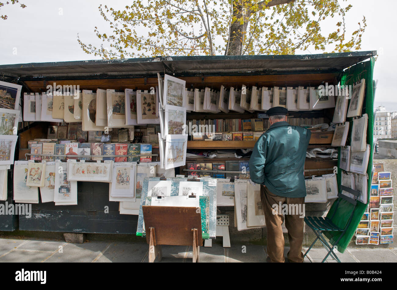 Bouquinistes or book stalls along the River Seine in Paris near Notre ...