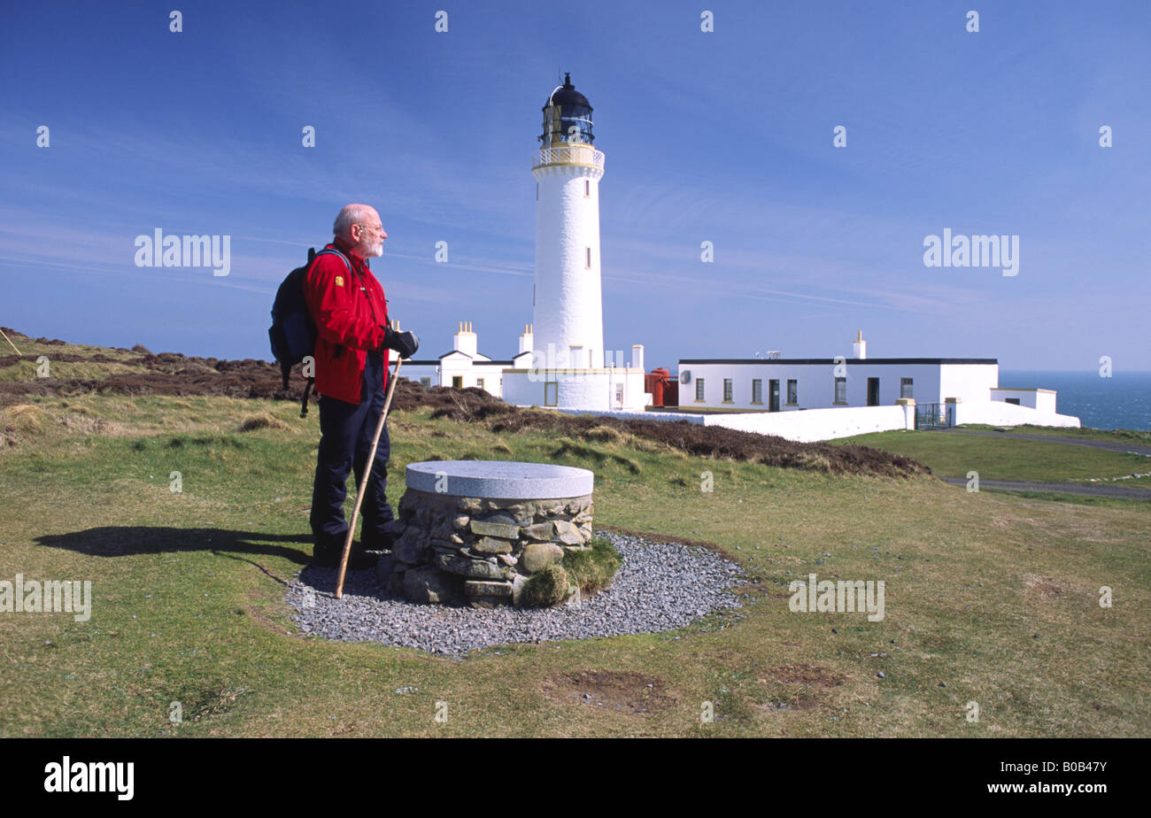 Male walker at direction and distance plaque with Mull of Galloway ...