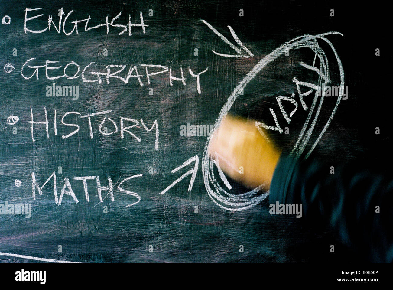 Teacher writing on school blackboard in primary school classroom Stock ...