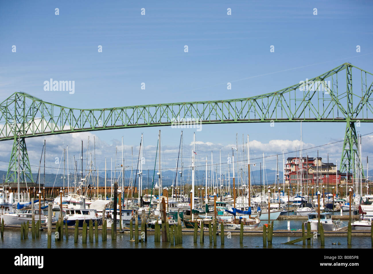 View of marina and historic Astoria Bridge on the Columbia River ...