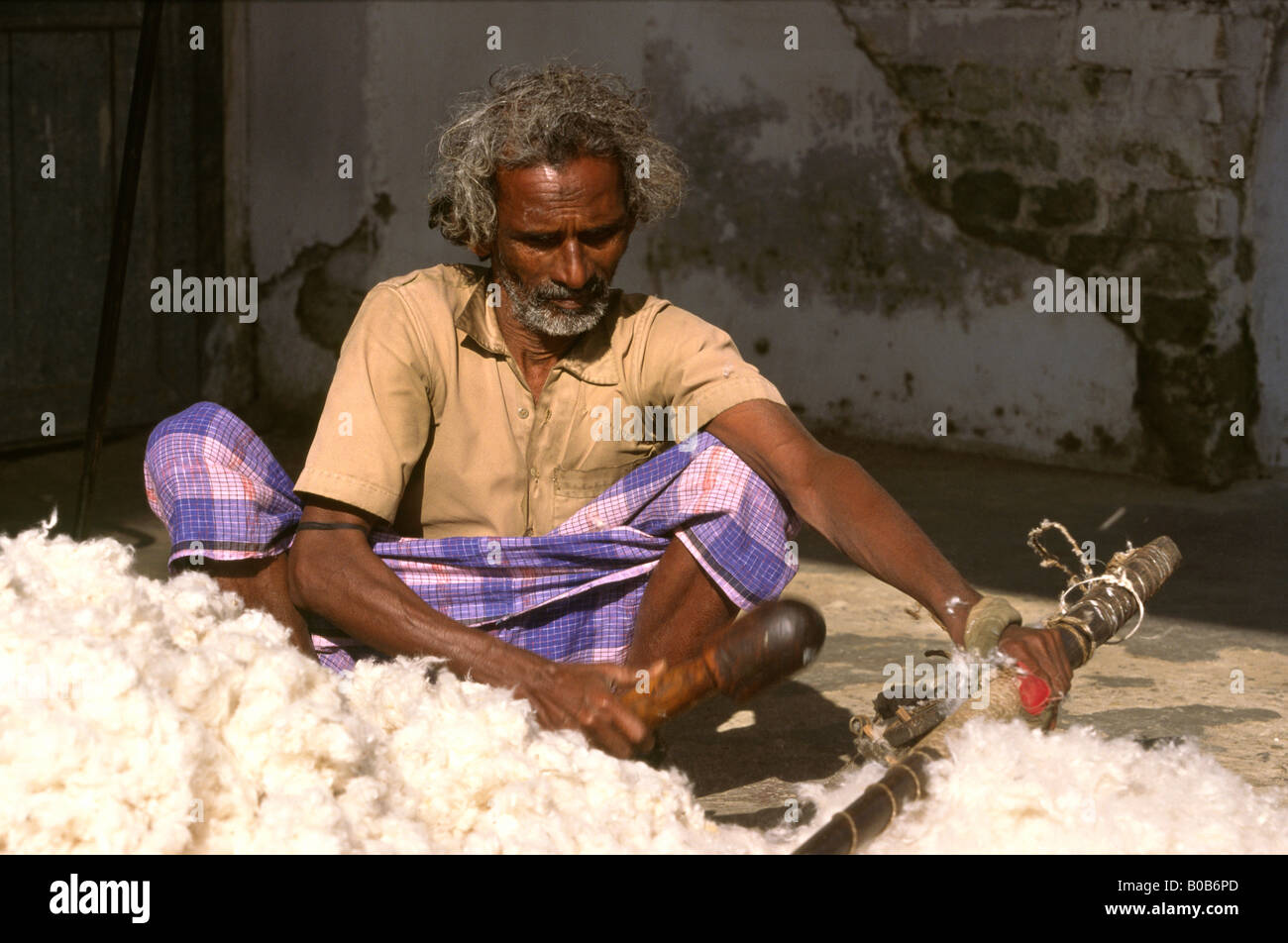 India West Bengal Madarihat man breaking up kapok fibres with bow Stock ...