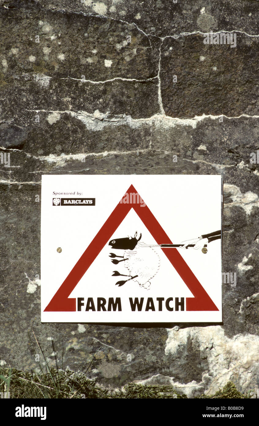 "Farm Watch" warning sign against sheep rustlers, Wales Stock Photo - Alamy