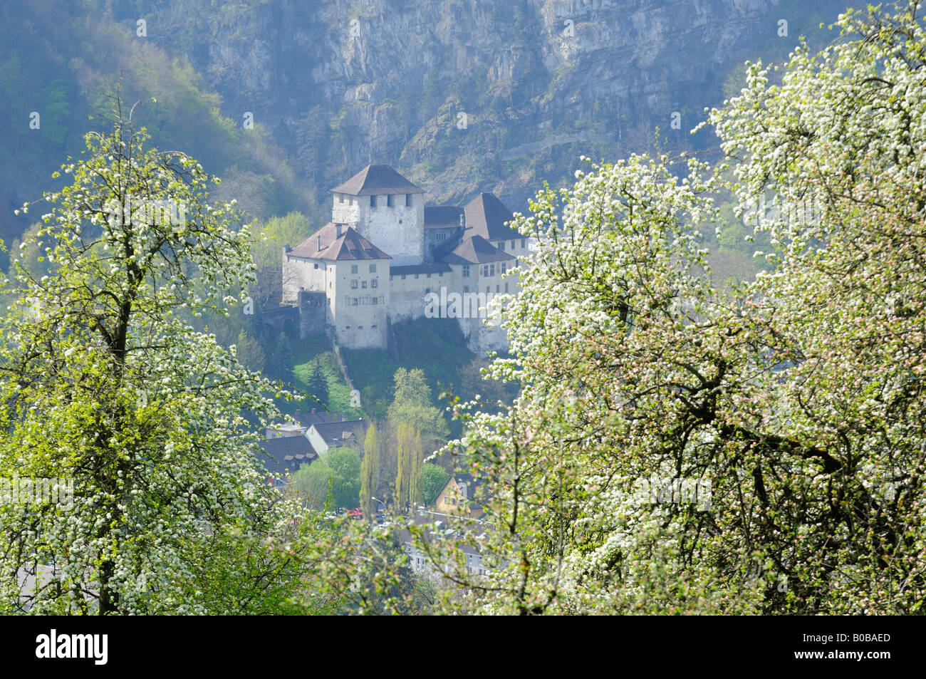 The Schattenburg castle above Feldkirch in springtime, Vorarlberg AT ...