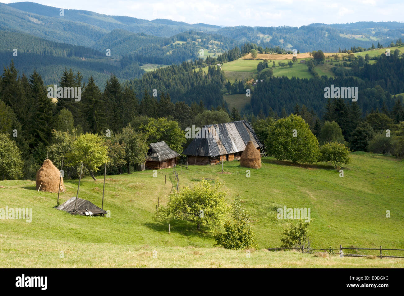 Summer mountainous green glade with small country estate Stock Photo ...