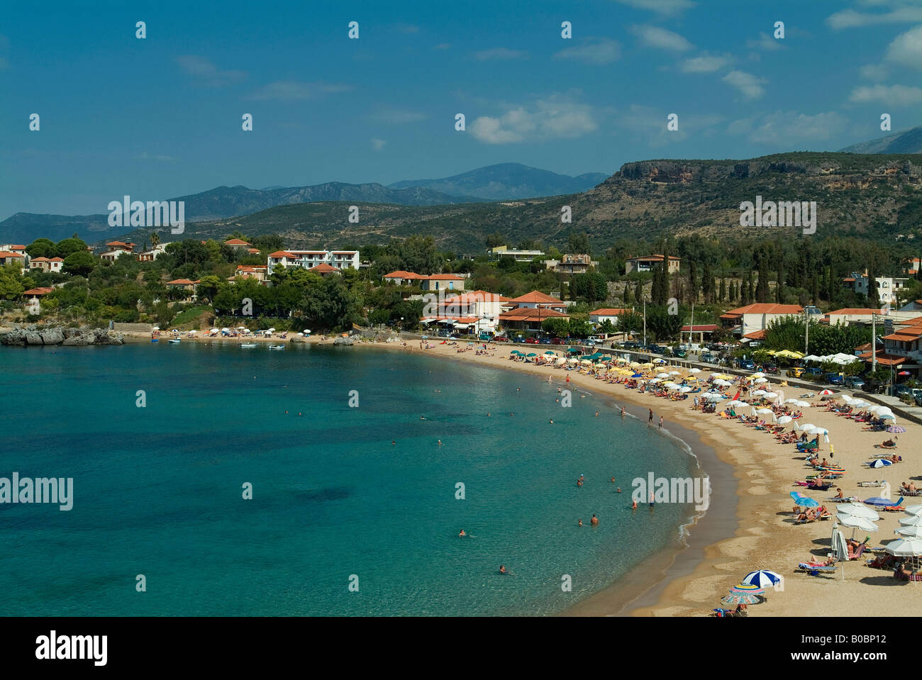 Stoupa Beach showing bay and mountains.Peloponnese,Greece Stock Photo ...