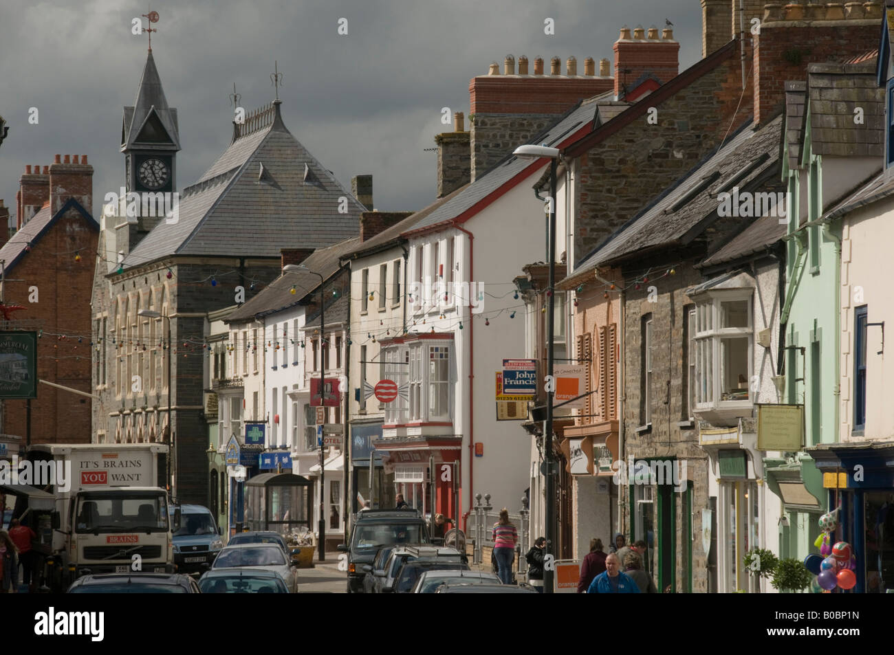 General view of the main shopping street Cardigan town ceredigion wales ...