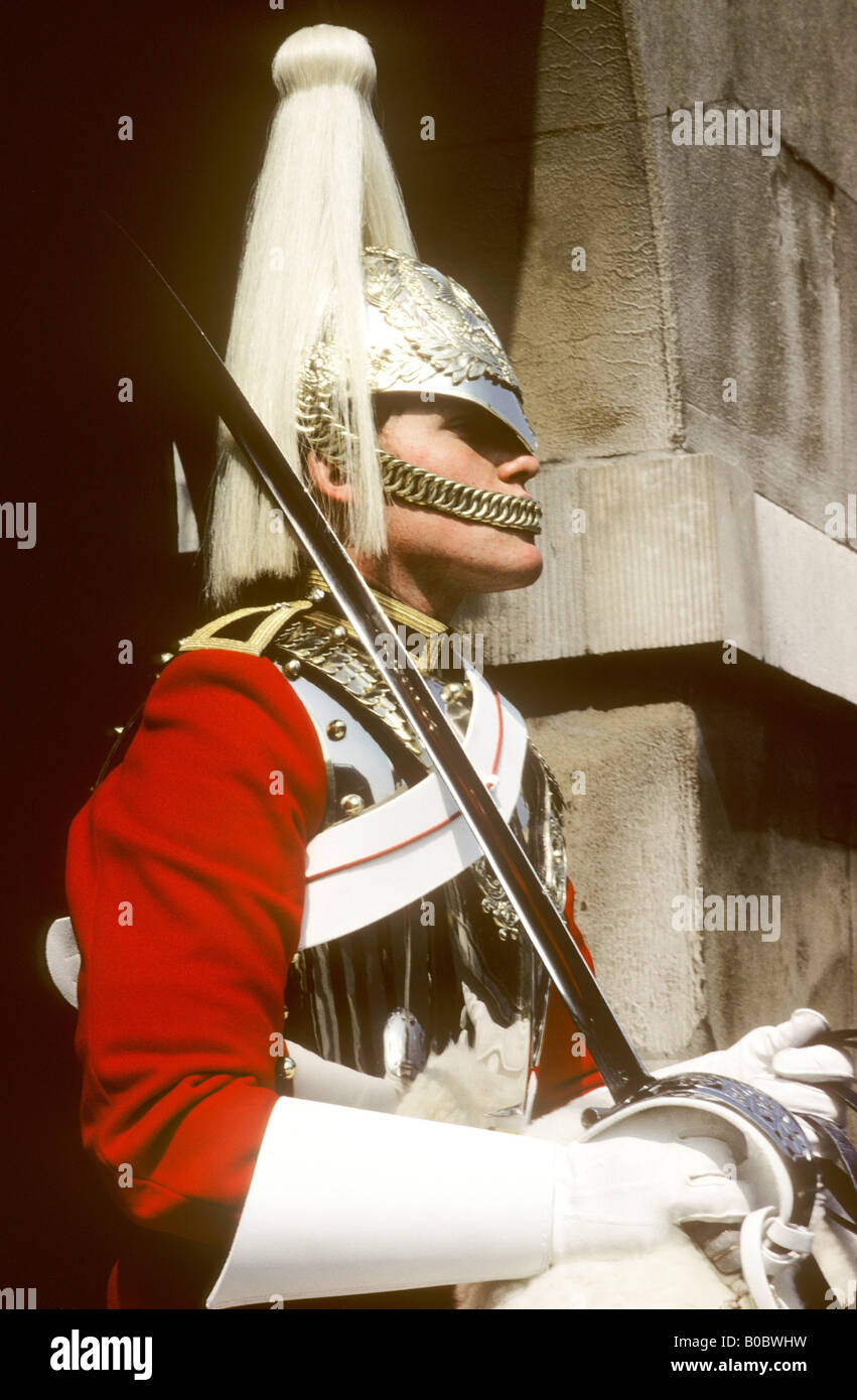 Horseguard cavalry soldier red tunic plumed helmet sword ceremonial ...