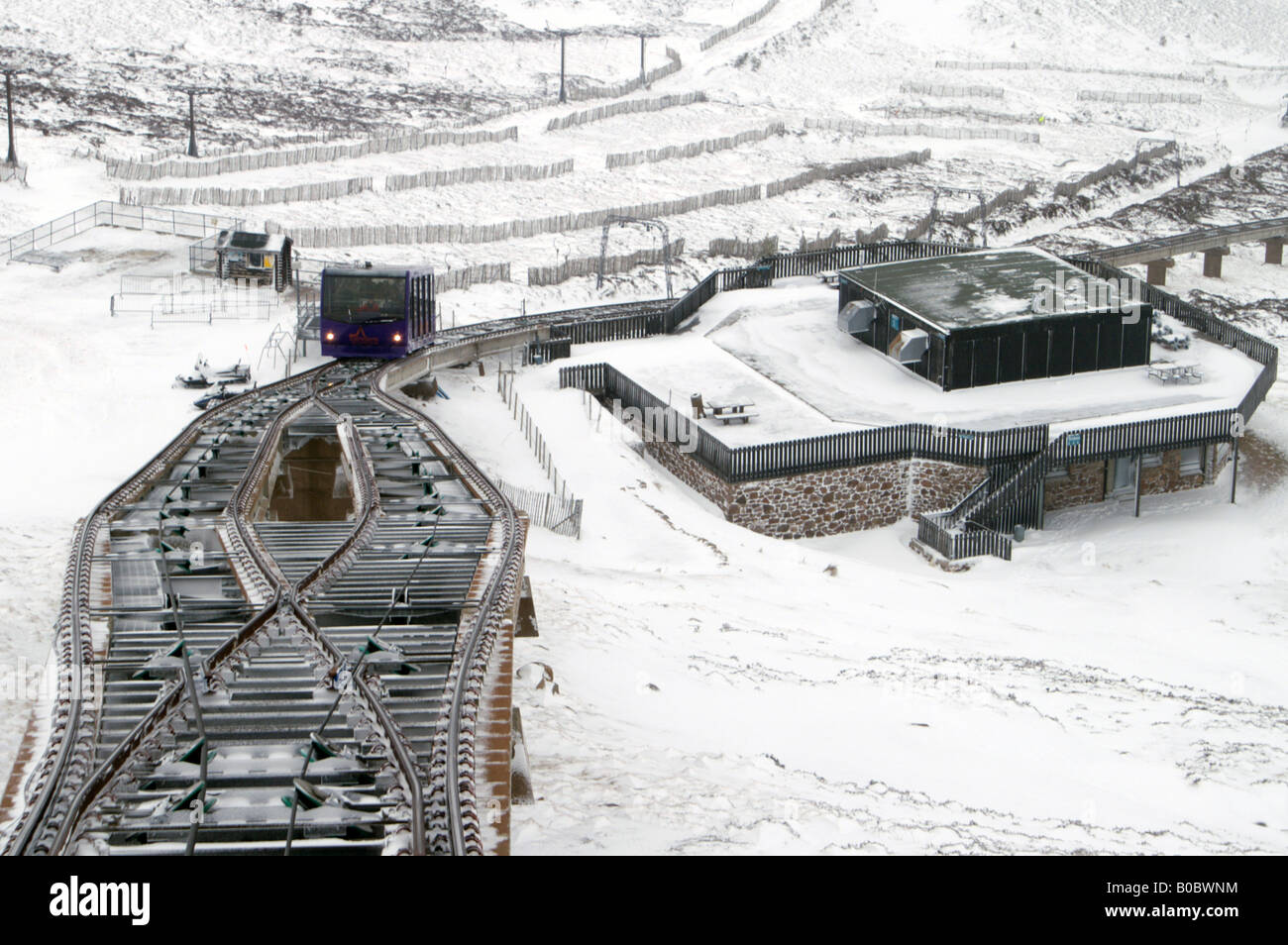 Cairngorm Mountain Railway with train approaching the passing loop ...