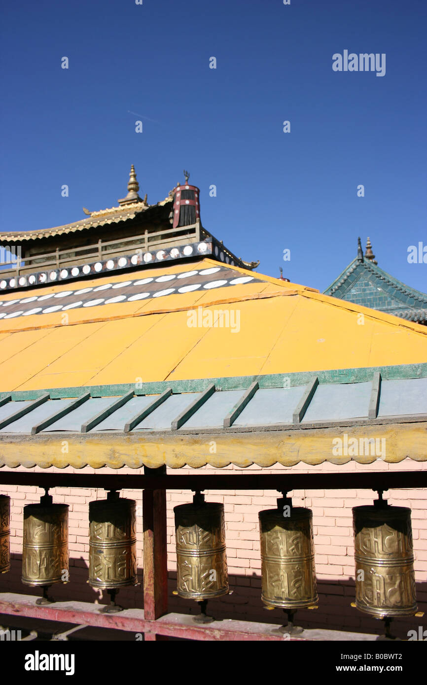 prayer wheel and temples' roofs in Gandan monastery, Ulaanbaatar ...