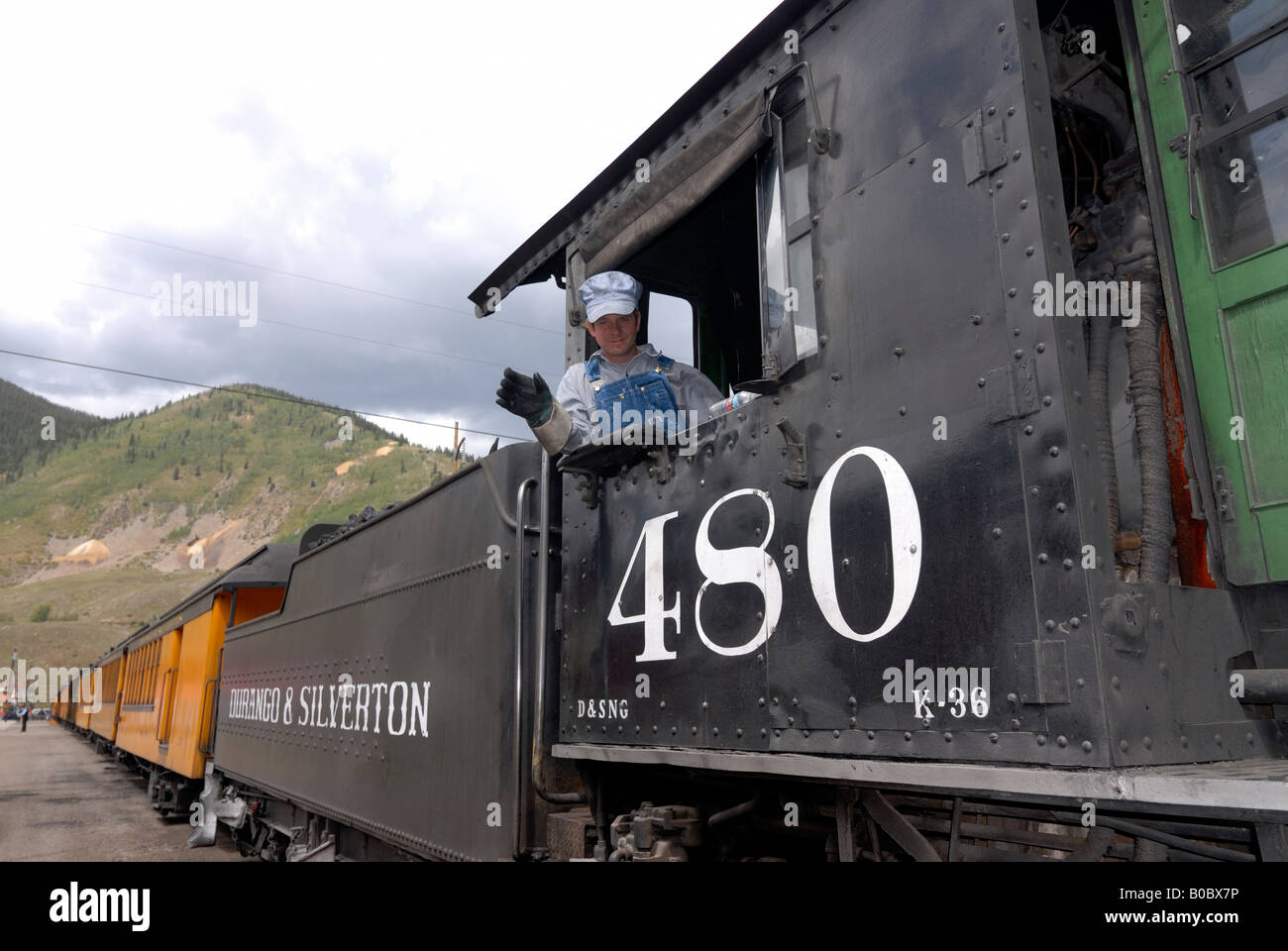 Locomotive driver on the old tourist steam train Durango Silverton ...
