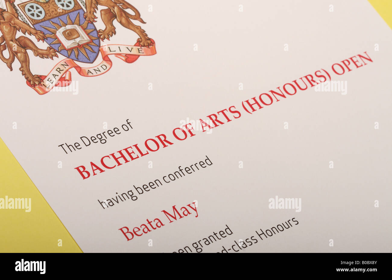 University Degree Certificate Bachelor Of Arts With Honours Stock Photo