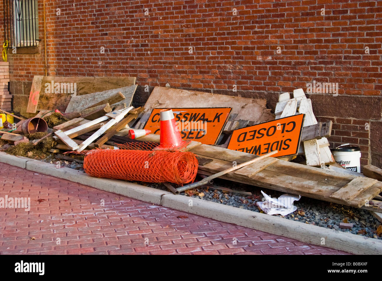 Pile of building material and trash at a downtown construction site ...