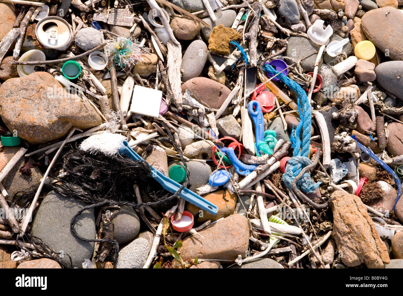 Irish Sea beach plastic pollution rubbish on the shoreline at the ...