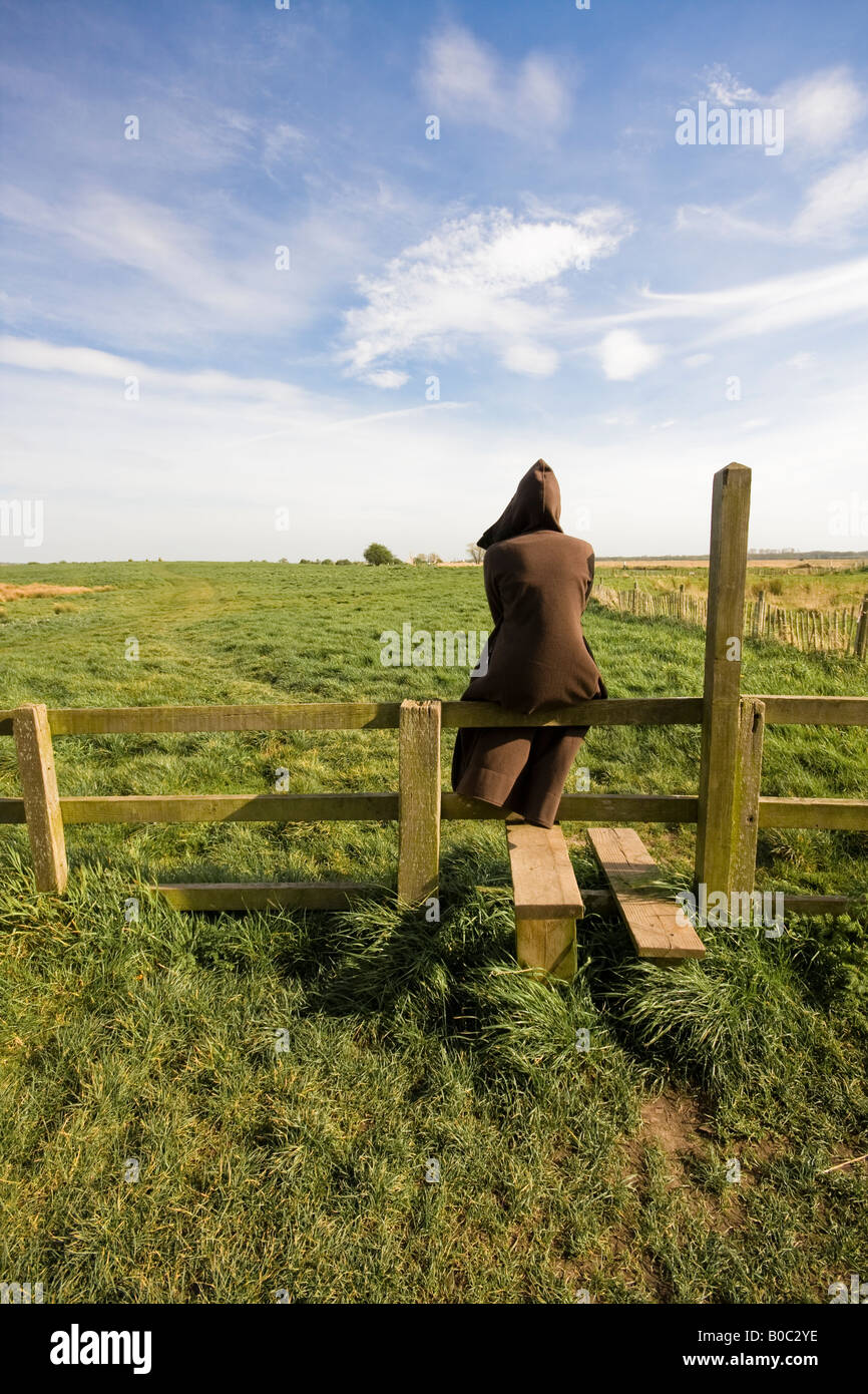 Girl sitting on fence looking out over fields Stock Photo - Alamy