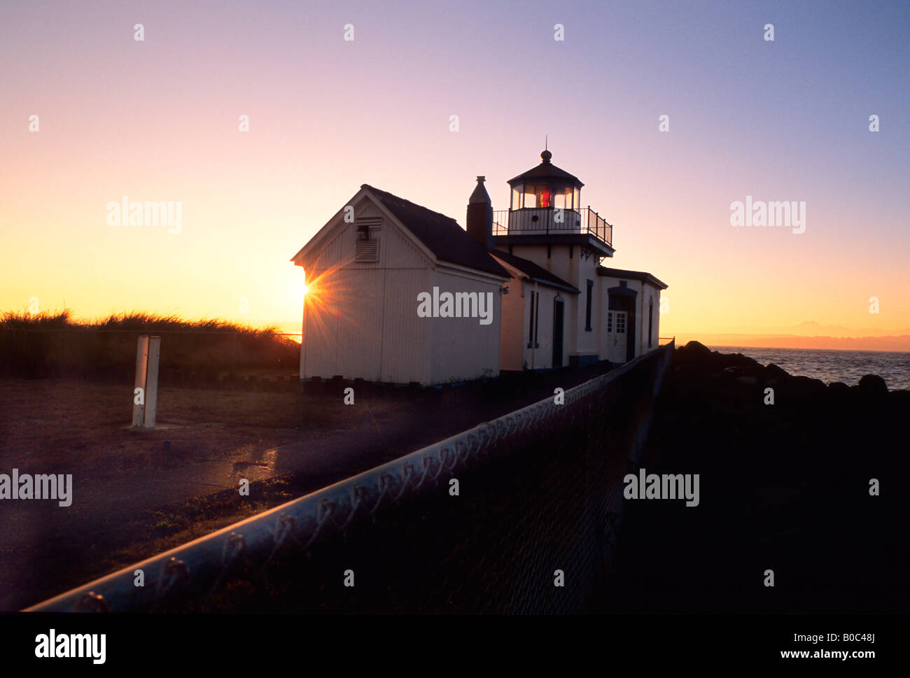 Sunset on the West Point Lighthouse in Seattle's Discovery Park Stock ...