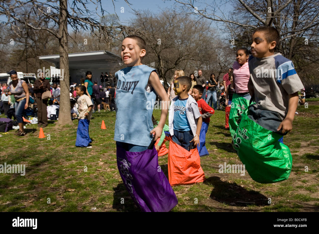 Children competing in a bag race in Prospect Park Brooklyn NY Stock ...