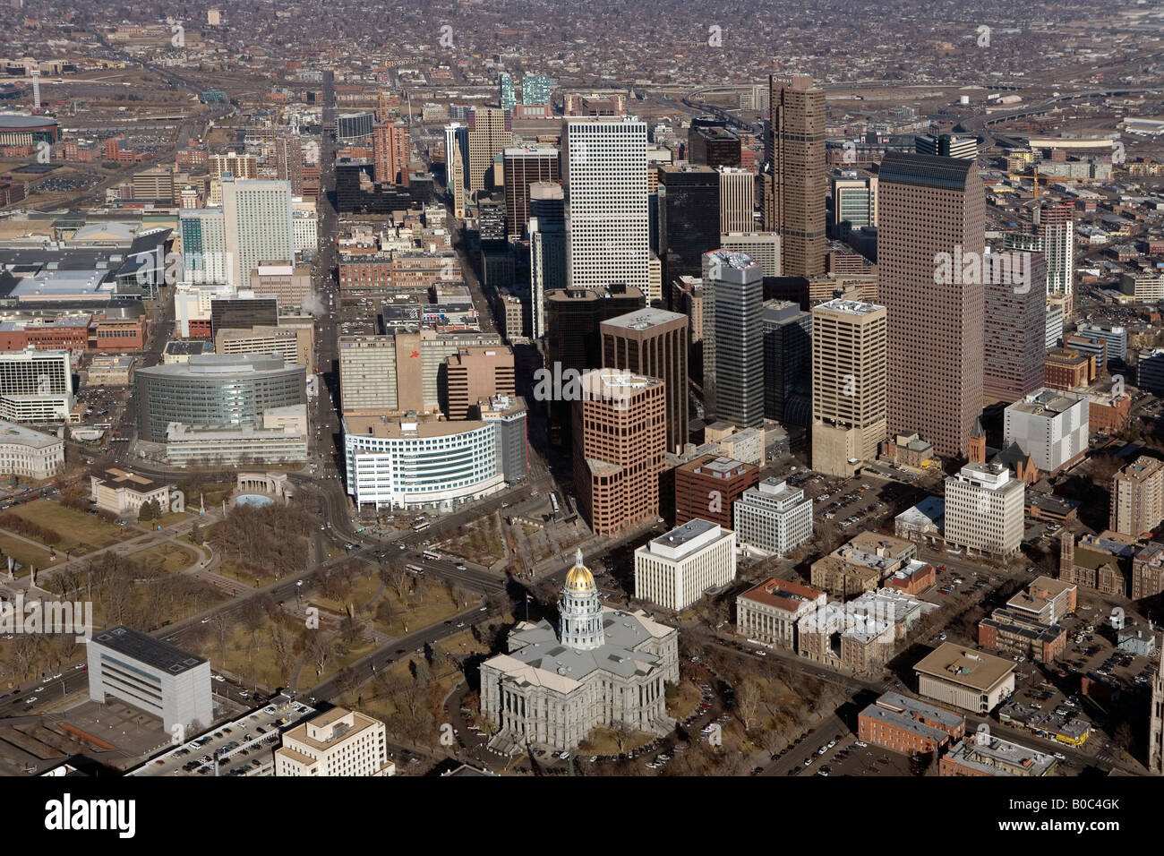aerial above Denver Colorado downtown financial district and state ...
