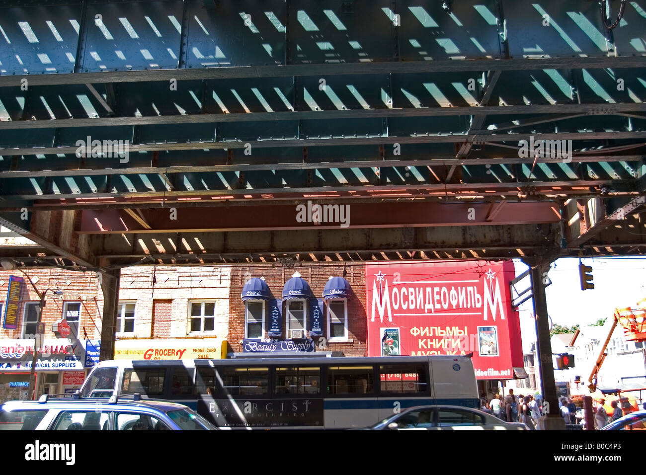 Underneath the elevated tracks of the subway train in Brighton Beach ...