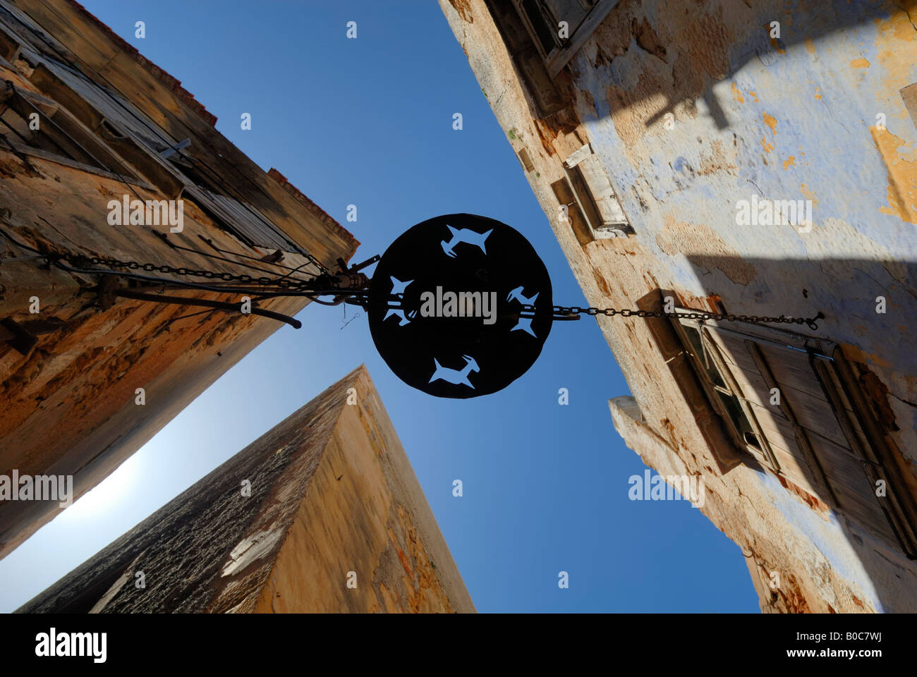 Street light with the Minoan goat symbol at the old town of Chania ...