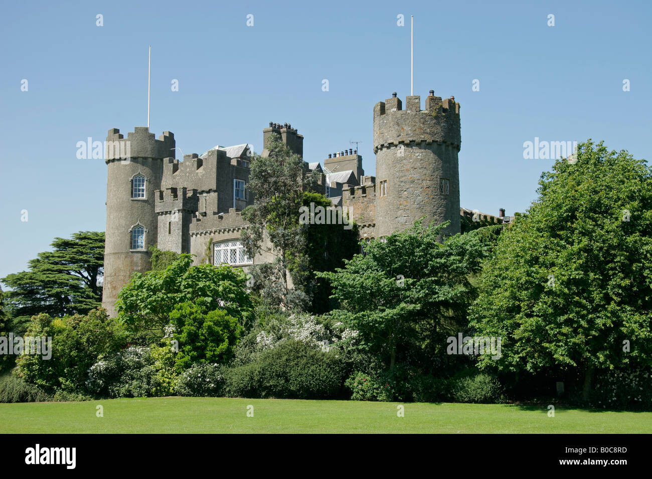 Front view of the historic 14 th century Malahide castle, Ireland ...