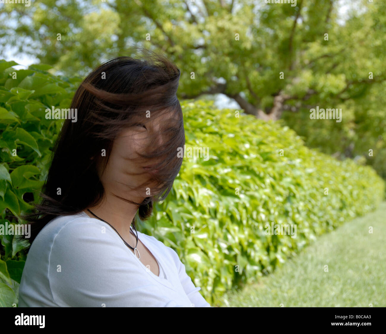 Young lady sitting on the grass on a windy day Stock Photo - Alamy