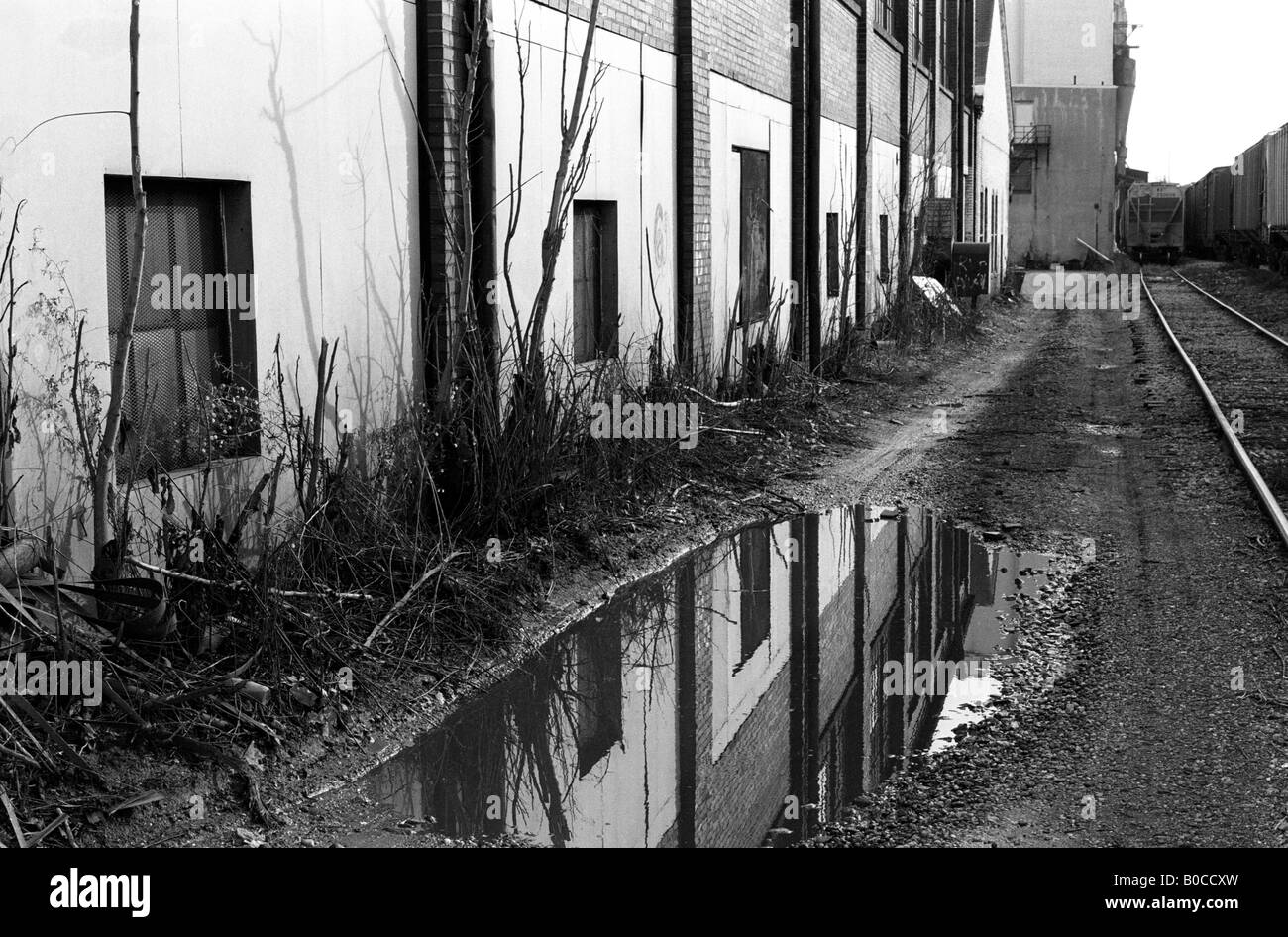 Train tracks in an alleyway with reflection of building in puddle Stock ...