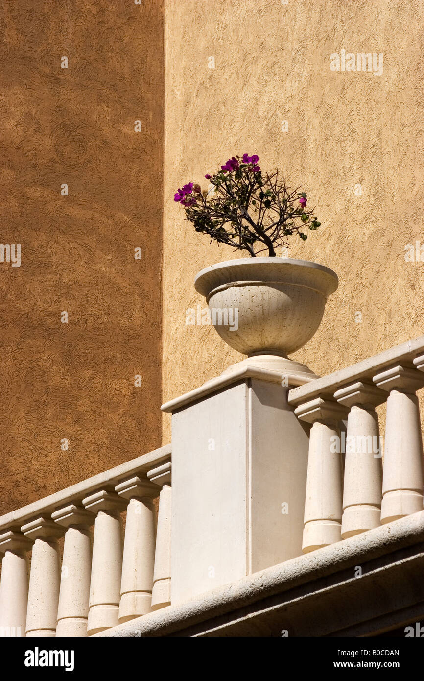 A balustrade and decorative flower pot in a shopping complex in Cabo ...