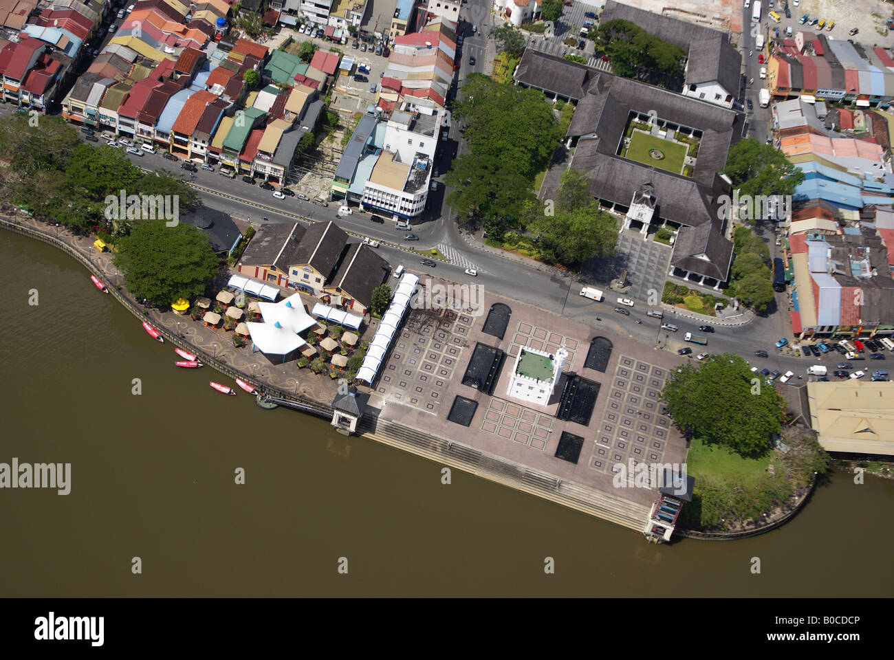 Aerial view of the centre of Kuching showing the water front and the ...