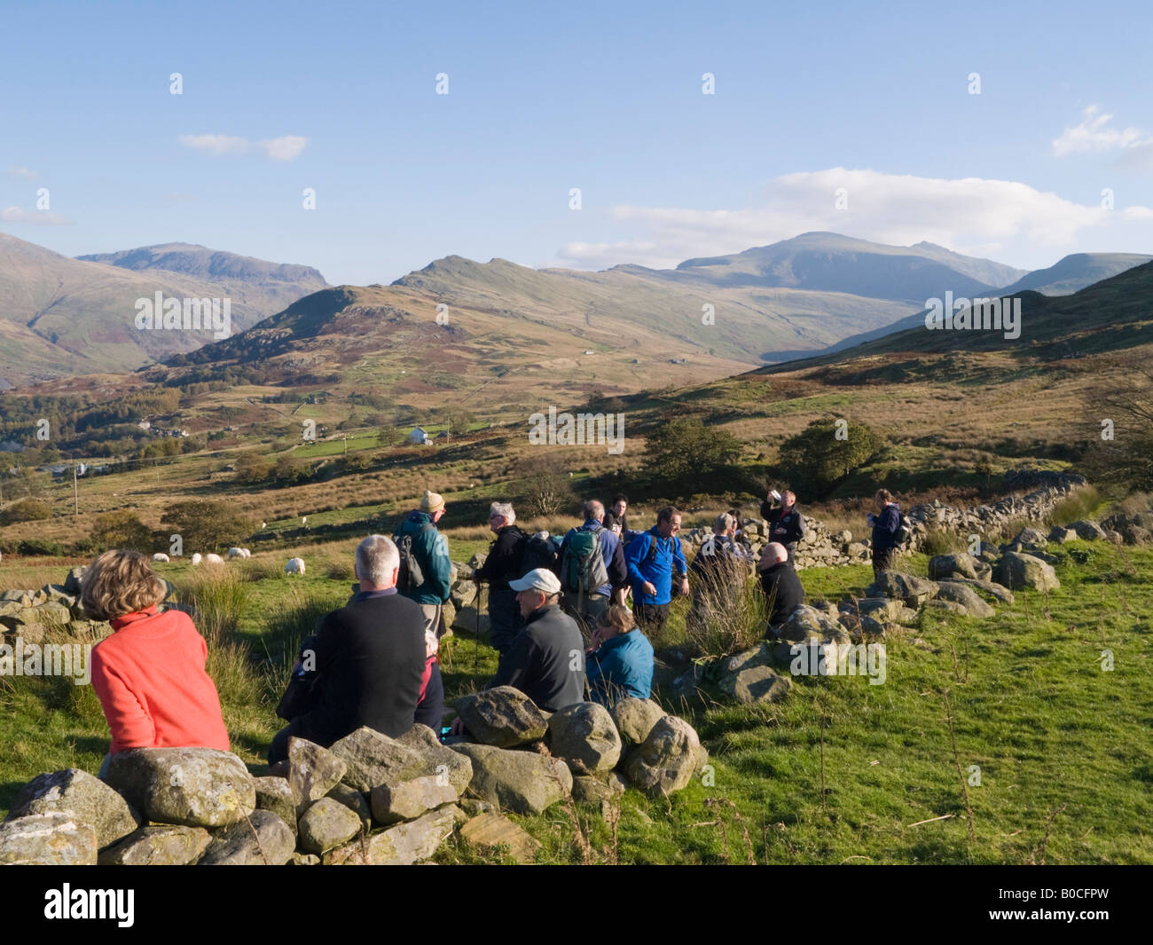 Llanberis Gwynedd North Wales UK October Group of people hiking in ...