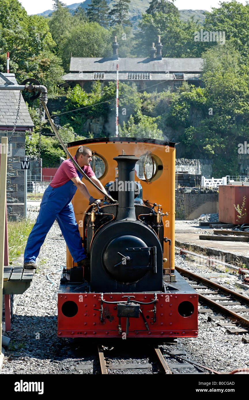 Steam train taking on water Llanberis lake railway Stock Photo - Alamy
