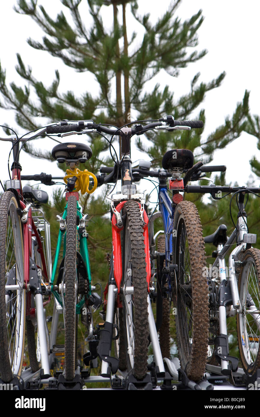 Five mountain bikes on roofrack of car Stock Photo - Alamy