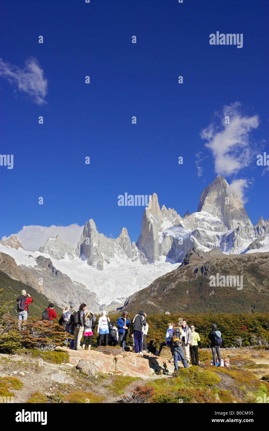 Group of hikers in front of The Fitz Roy Range in Argentina Patagonia ...