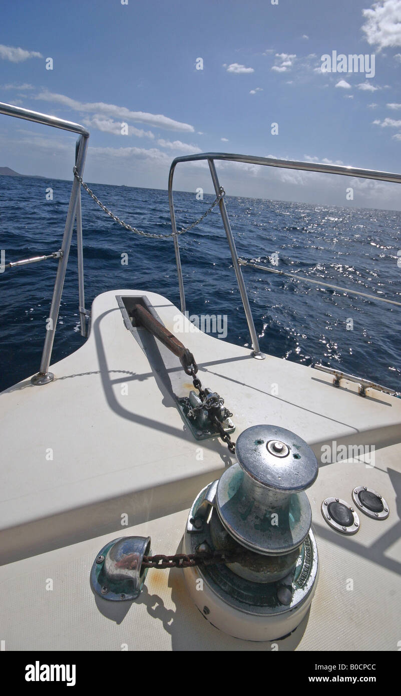 The front of a boat in the Mediterranean with the ocean in front of it ...