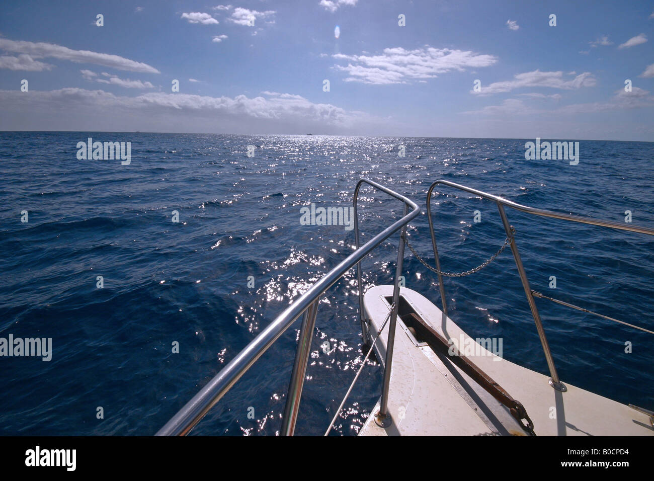 The front of a boat in the Mediterranean with the ocean in front of it ...