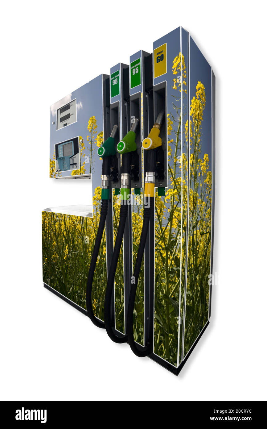 A petrol pump embellished with blossoming colza. Une pompe à ...