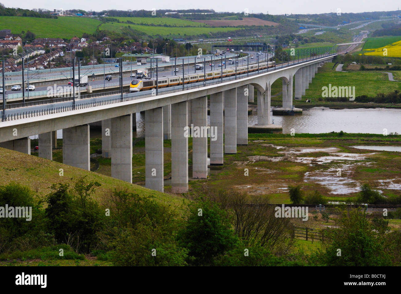 River Medway Bridge Eurostar high speed rail M2 motorway Kent England ...